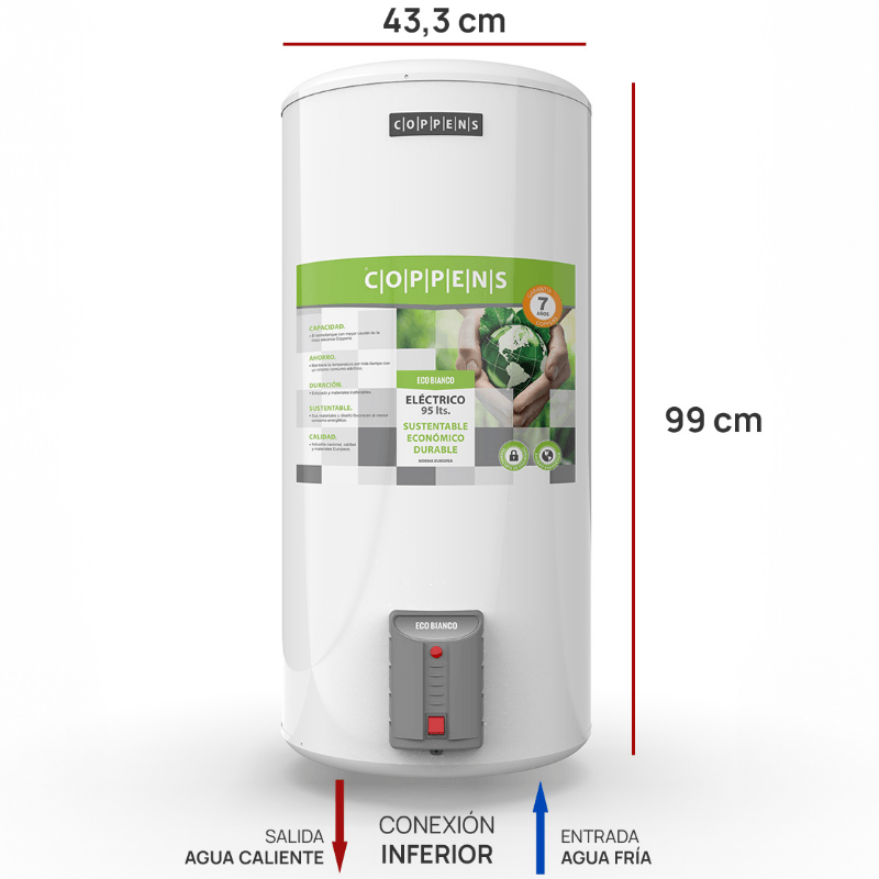 TERMOTANQUE COPPENS 95L ELECTRICO DE COLGAR CONEXION INFERIOR