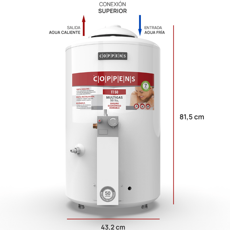 TERMOTANQUE COPPENS 50L MULTIGAS DE PIE/COLGAR CONEXION SUPERIOR